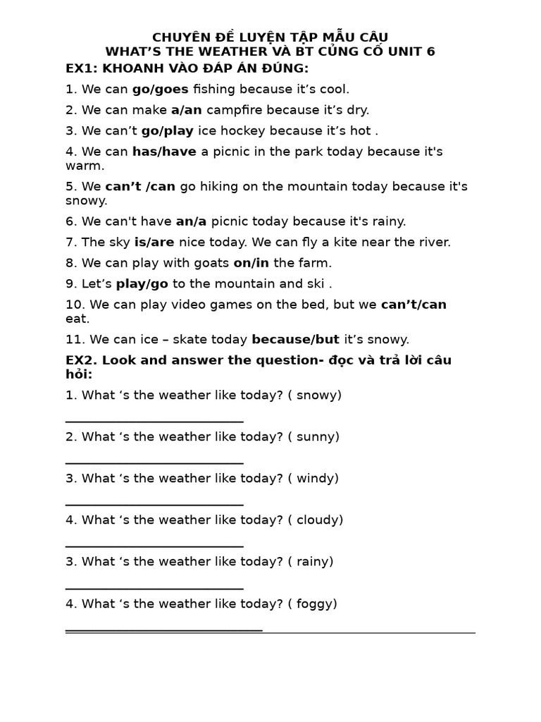 Chuyên đề luyện tập cấu trúc what's the weather và củng cố unit 6 | PDF ...