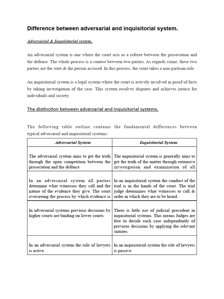 Difference Between Adversarial and Inquisitorial System | PDF | Trials ...