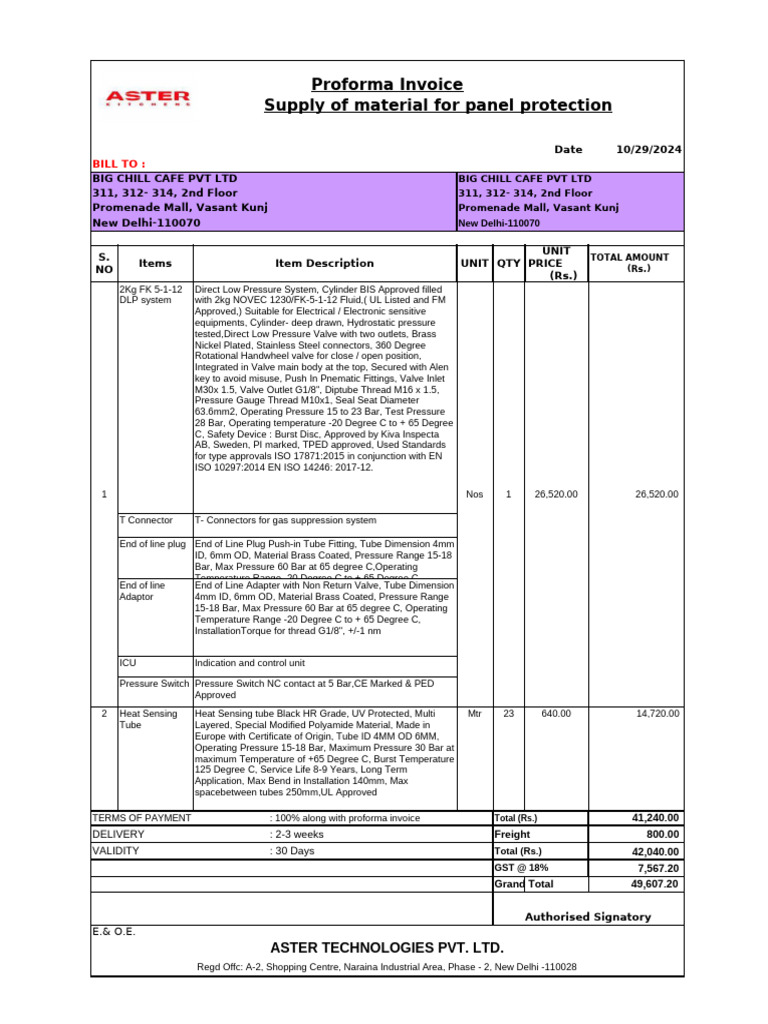 Proforma Invoice For Electrical Panel Protection System-TBCC, Promenade ...