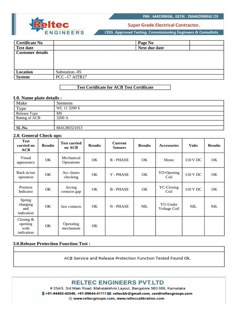 ACB Test Report Format | PDF | Power Engineering | Power (Physics)