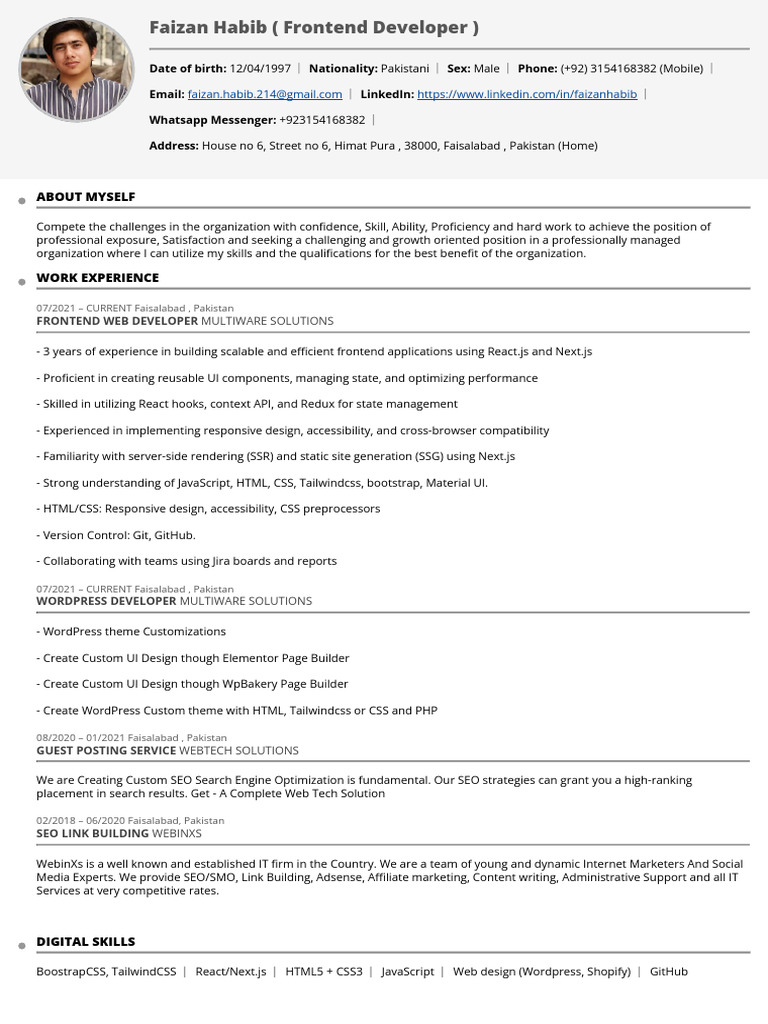 Faizan Habib - Web Develoer - CV - Resume - Faisalabab, Pakistan | PDF | Search Engine ...