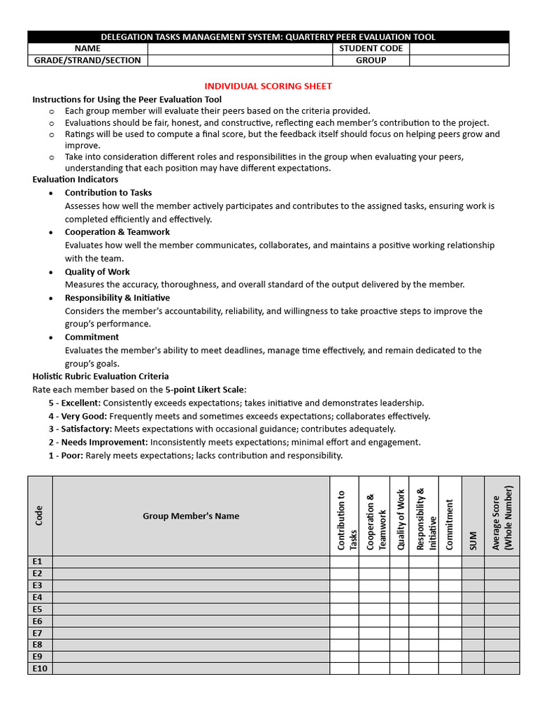 QUARTERLY PEER EVALUATION TOOL v.2 | PDF | Evaluation