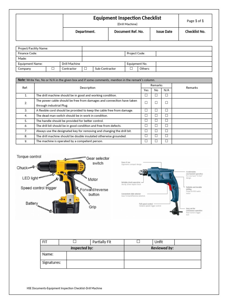 Drill Machine Inspection Checklist | PDF | Manufactured Goods | Electrical Engineering