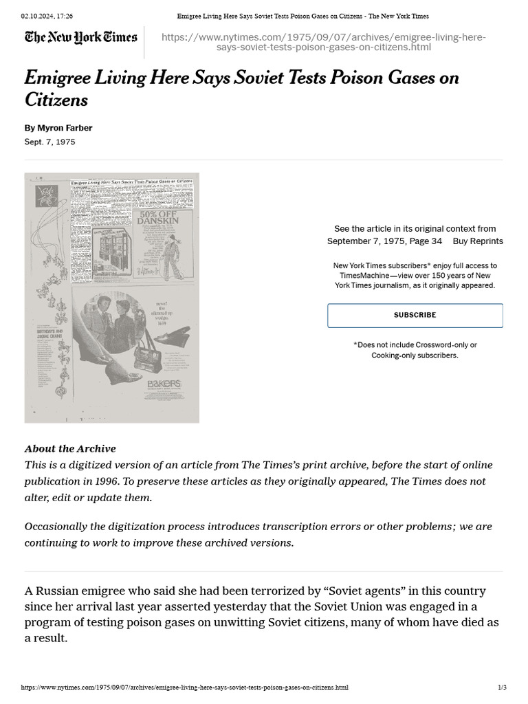 Emigree Living Here Says Soviet Tests Poison Gases On Citizens - The ...