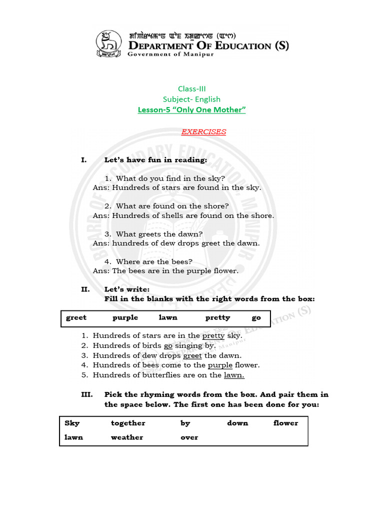 English Lesson 5: Only One Mother | PDF
