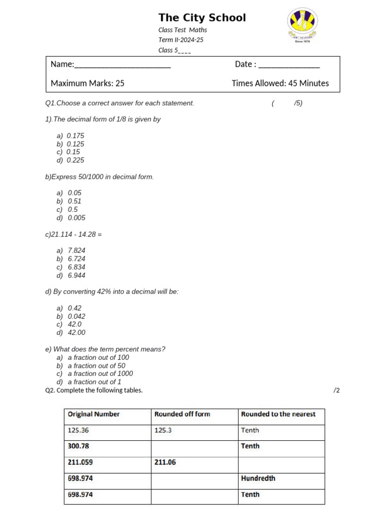 Class Test Percentages and Decimals 5 | PDF | Cakes | Arithmetic
