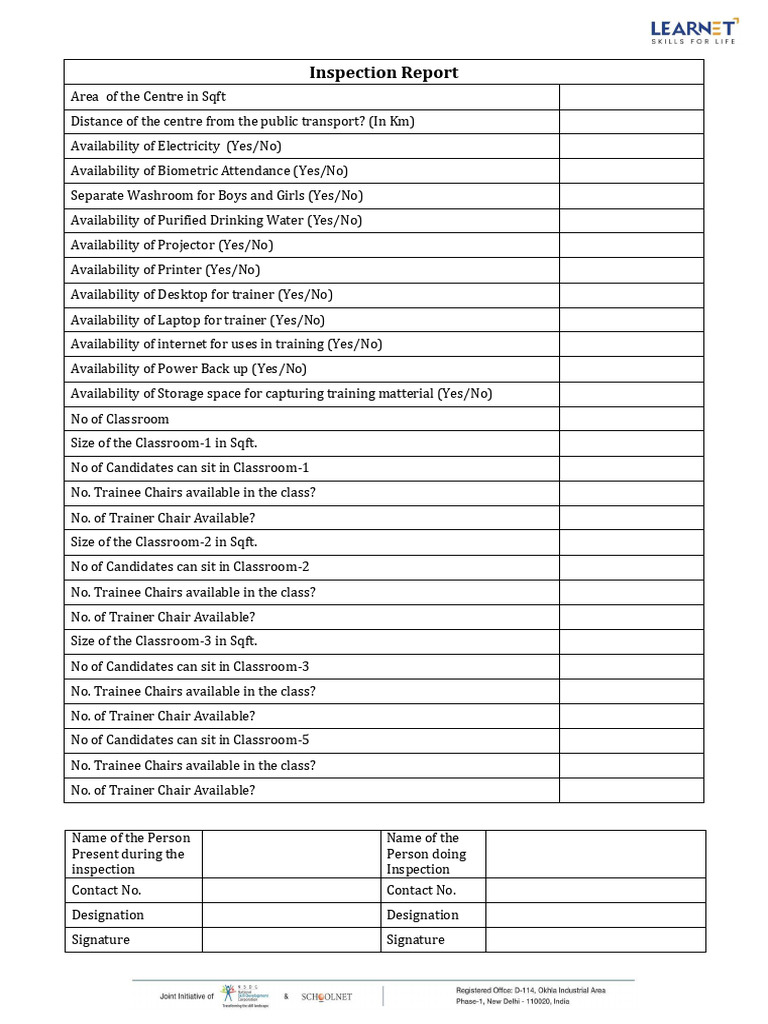 Inspection Report Template for Training Centers | PDF