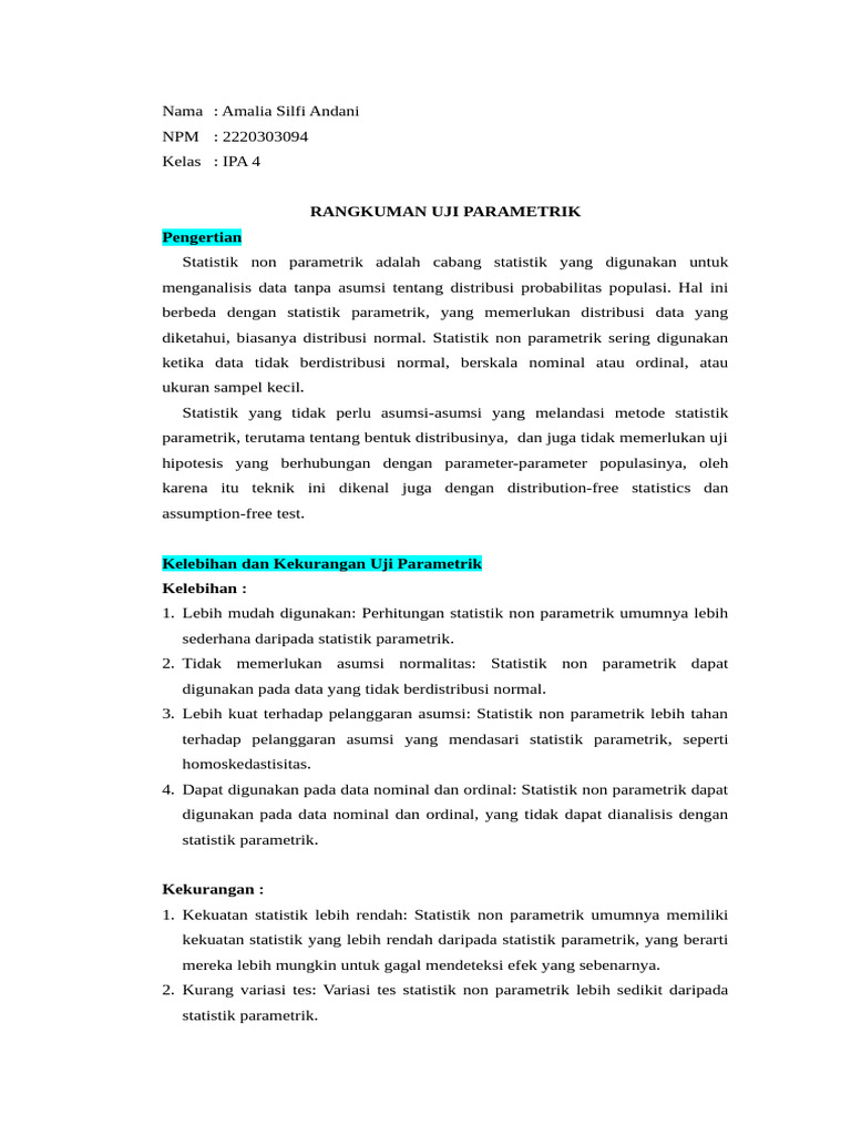 Rangkuman Uji Parametrik | PDF