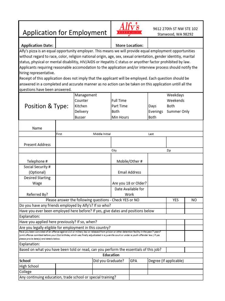 Alfy's Pizza Employment Application Form | PDF | At Will Employment ...