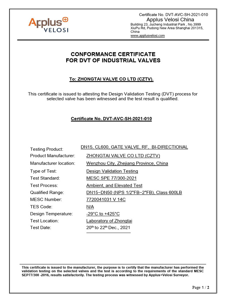 TAT Test Report For DN15-600LB-GATE VALVE | PDF