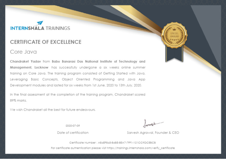 Core Java Training - Certificate of Excellence | PDF