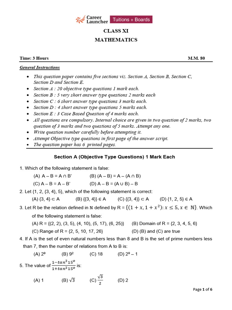 Class 11 Mock Exam Math | PDF | Bridge | Mathematics