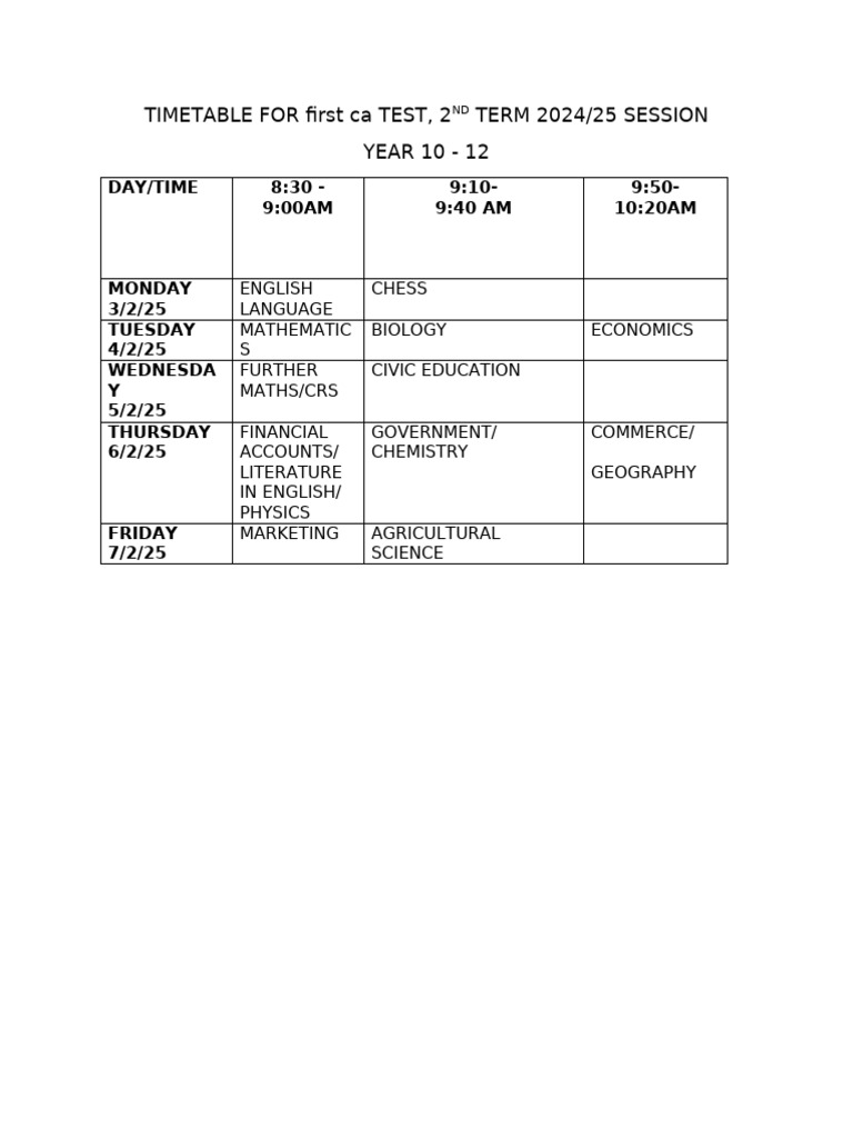 Year 10 - 12 Timetable For First CA Test | PDF