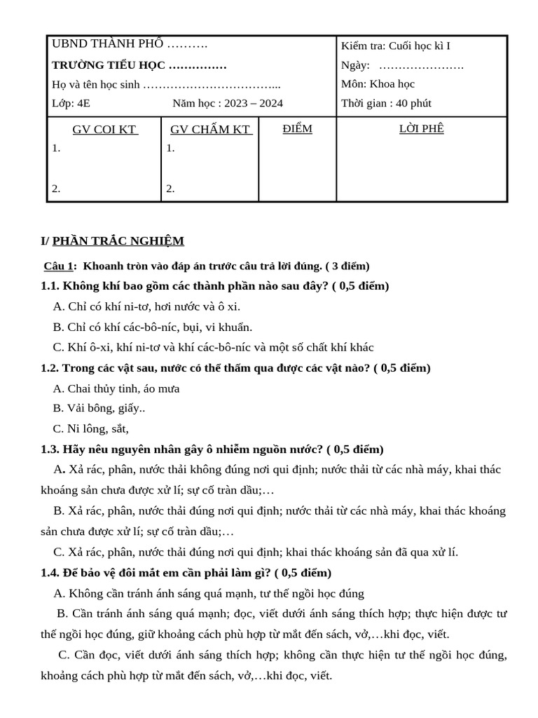 Đề Thi Hk1 Khoa Học (23-24) | PDF