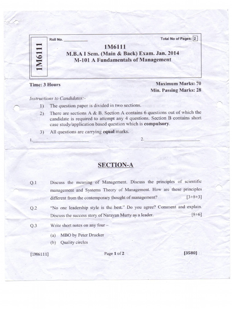 M.B.A I Sem. (Main & Back) Exam - Jan.2014 | PDF