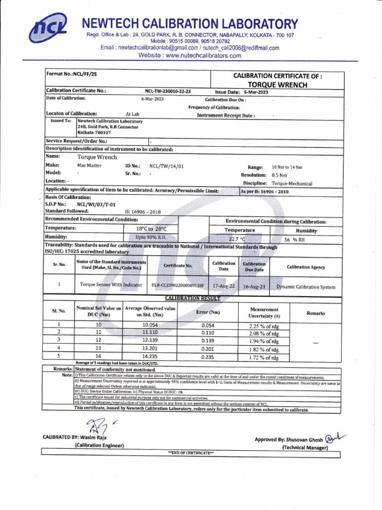 Torque Wrench Calibration Certificate | PDF | Calibration | Accuracy ...