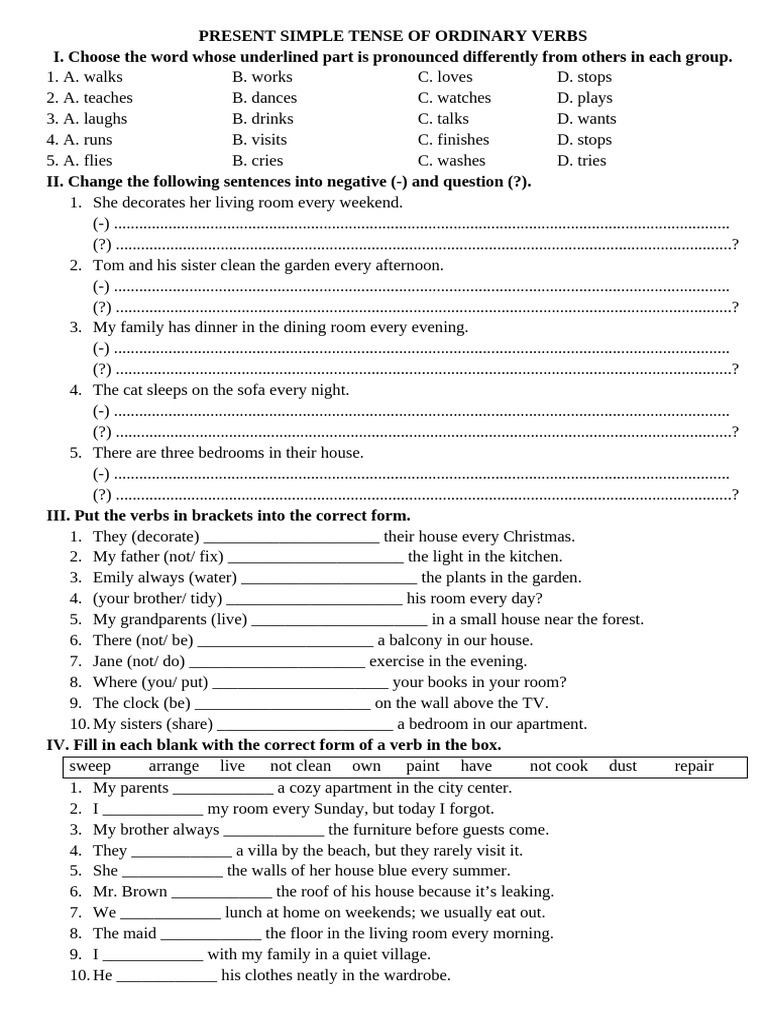 2.2 Present Simple Tense of Ordinary Verbs (BTVN) | PDF