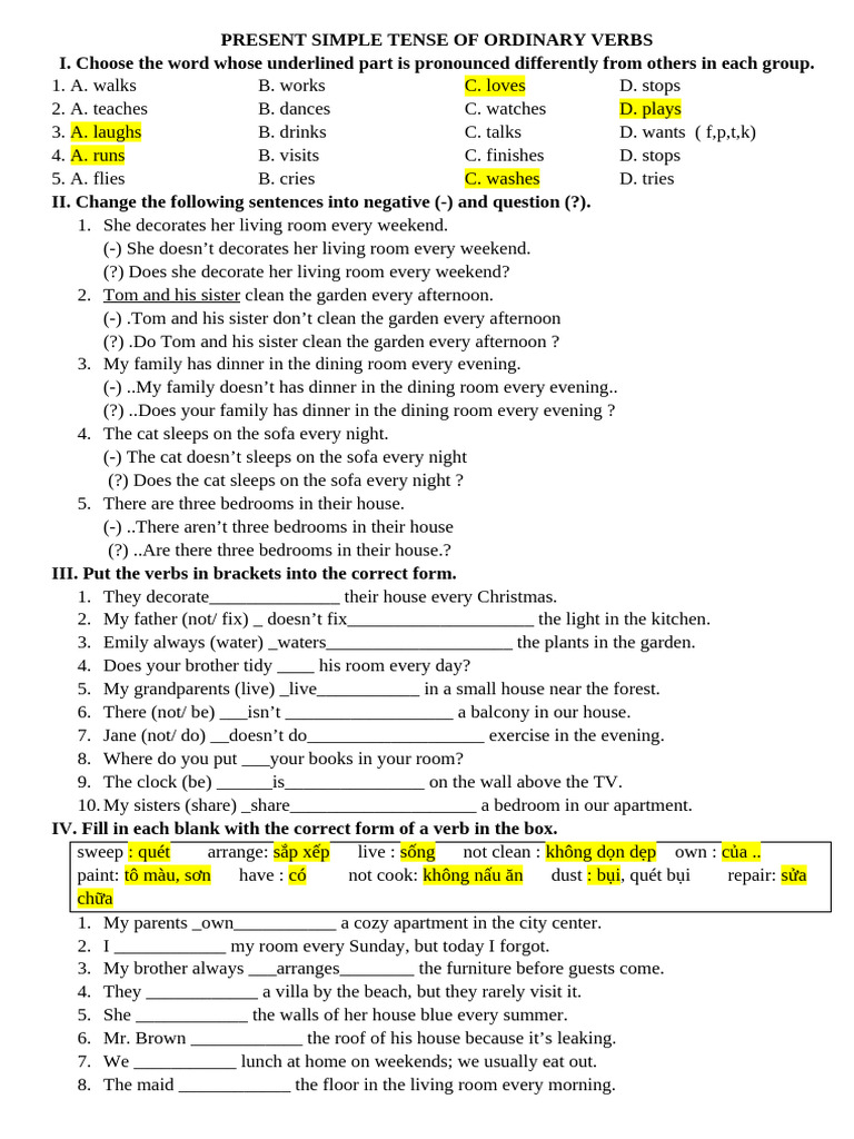 2.2 PRESENT SIMPLE TENSE OF ORDINARY VERBS (BTVN) (1) | PDF | Room