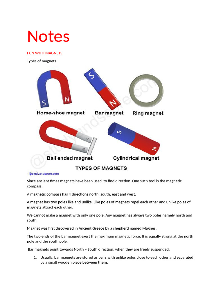 Types and Uses of Magnets for Class 6 | PDF