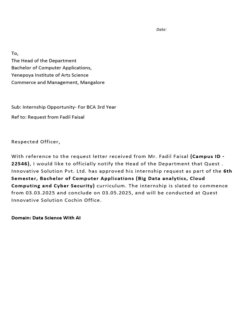 BCA Internship Approval for Fadil Faisal | PDF