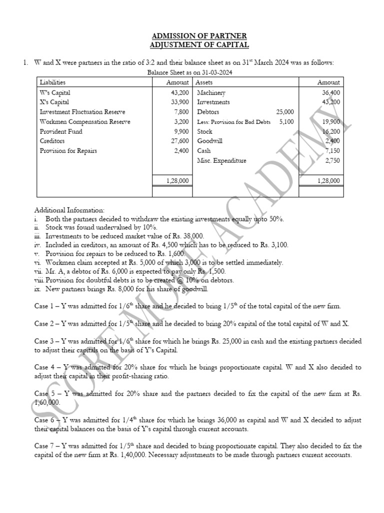 Admission of Partner Capital Adjustment | PDF | Investing | Balance Sheet