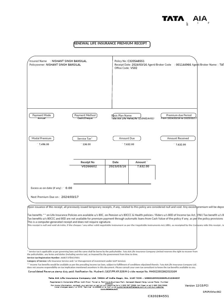 Tata AIA Life Insurance Premium Receipt | PDF | Insurance | Life Insurance