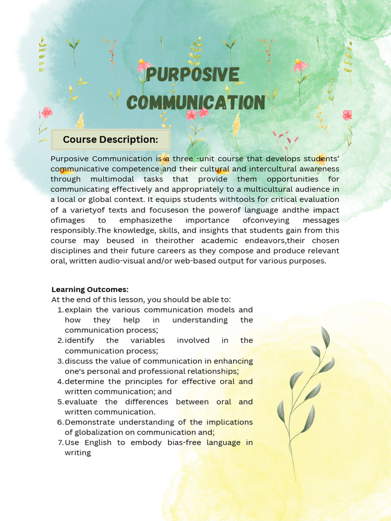 Purposive Communication Course Guide | PDF | Communication | Public Speaking