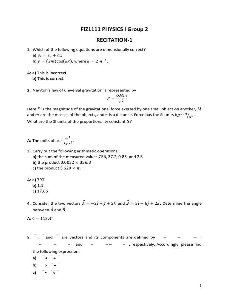 2022 Physics1 Recitation1 | PDF | Force | Metrology