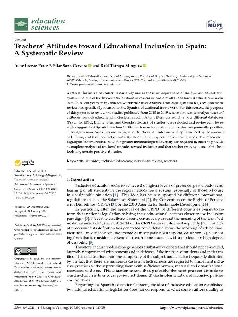 Teachers' Attitudes Toward Educational Inclusion in Spain: A Systematic ...