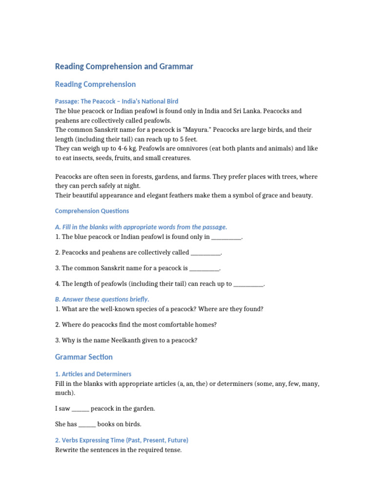Reading Comprehension Grammar Pdf