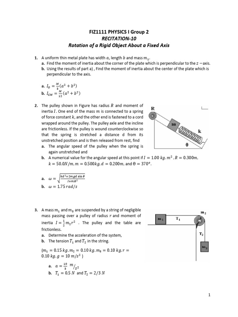 2022 Physics1 Recitation10 | PDF | Rotation Around A Fixed Axis | Force