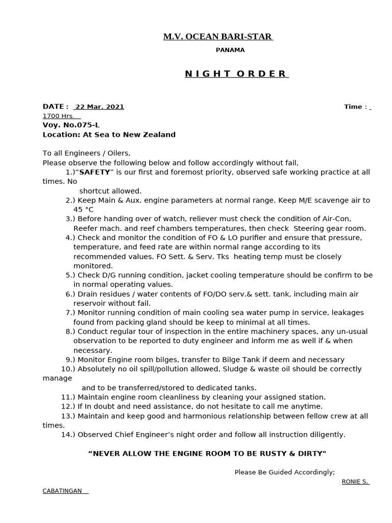 Chief Engineer Night Order - 22 Mar 2021 | PDF