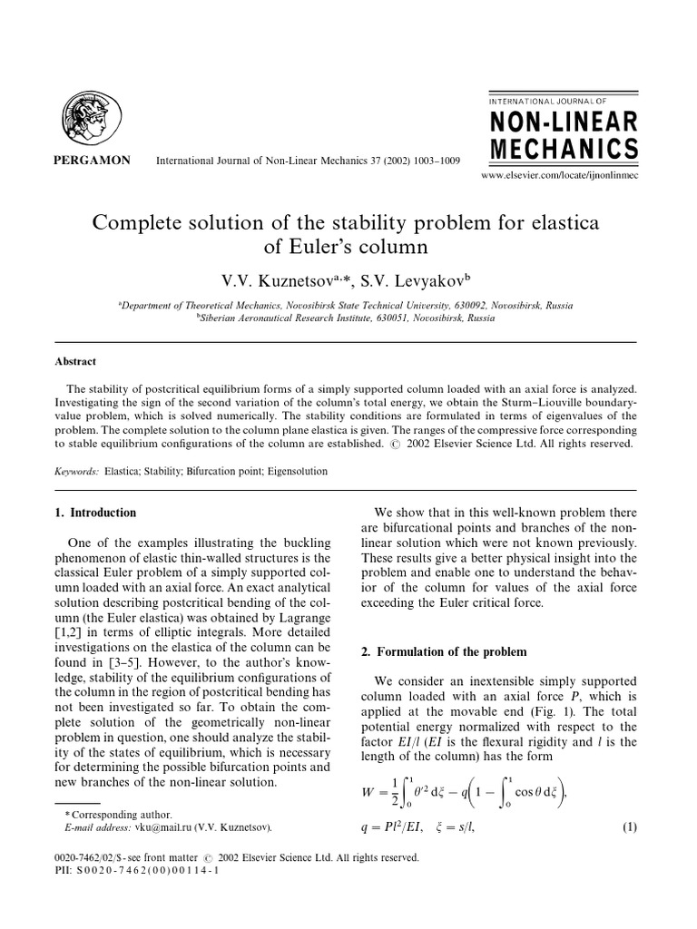 Complete solution of the stability problem for elastica of Euler's column | PDF | Eigenvalues ...