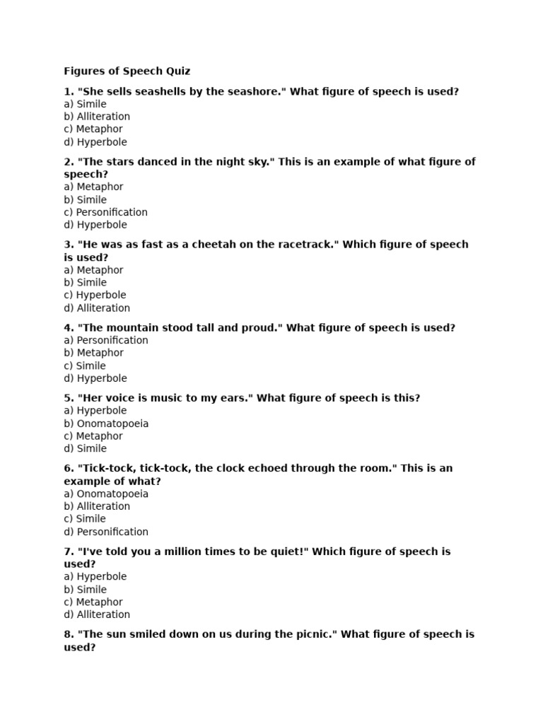 Figures of Speech Quiz Questions | PDF