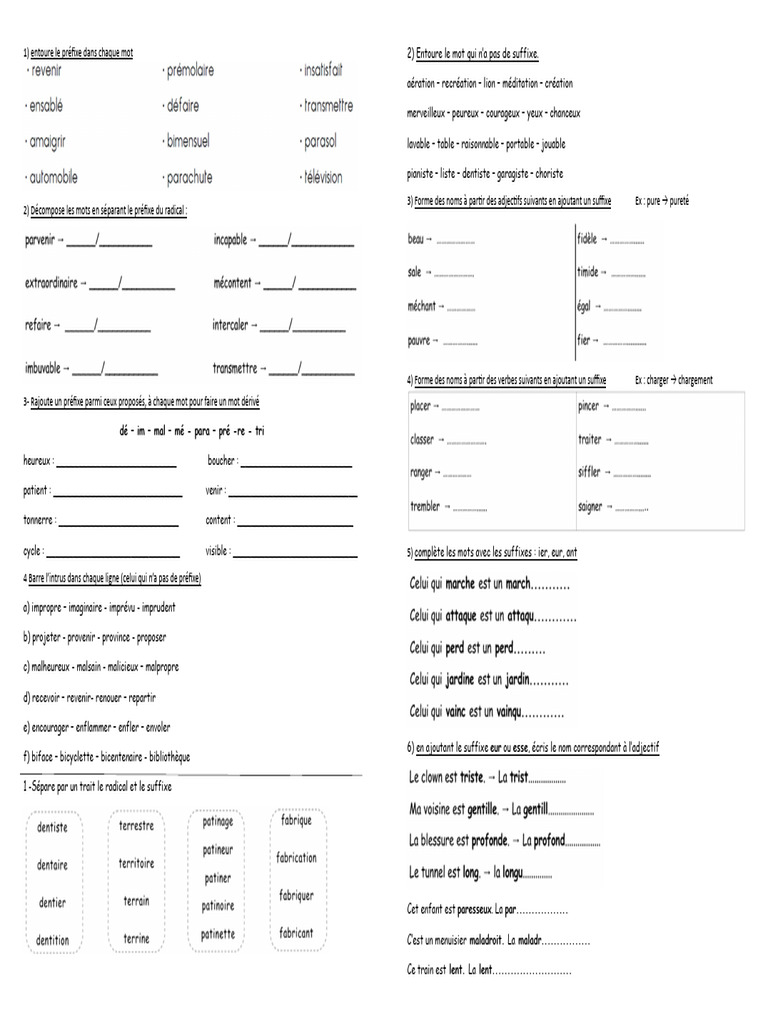 Les Préfixes Et Les Suffixes Exercices | PDF | Unités sémantiques ...