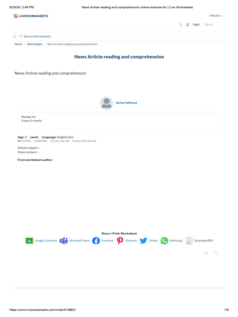 News Article Reading and Comprehension Online Exercise For - Live ...