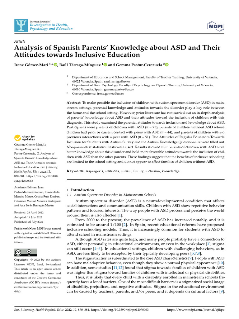 Analysis of Spanish Parents' Knowledge About ASD and Their Attitudes ...