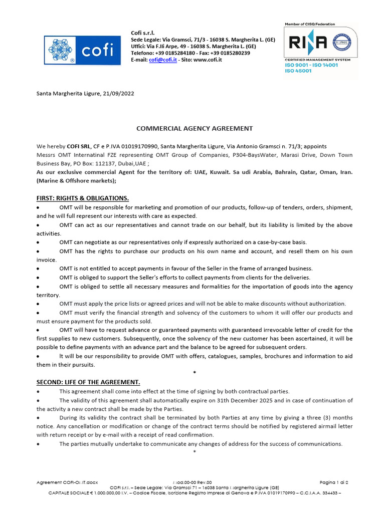 Agreement COFI OMT Signed | PDF | Payments | Receipt