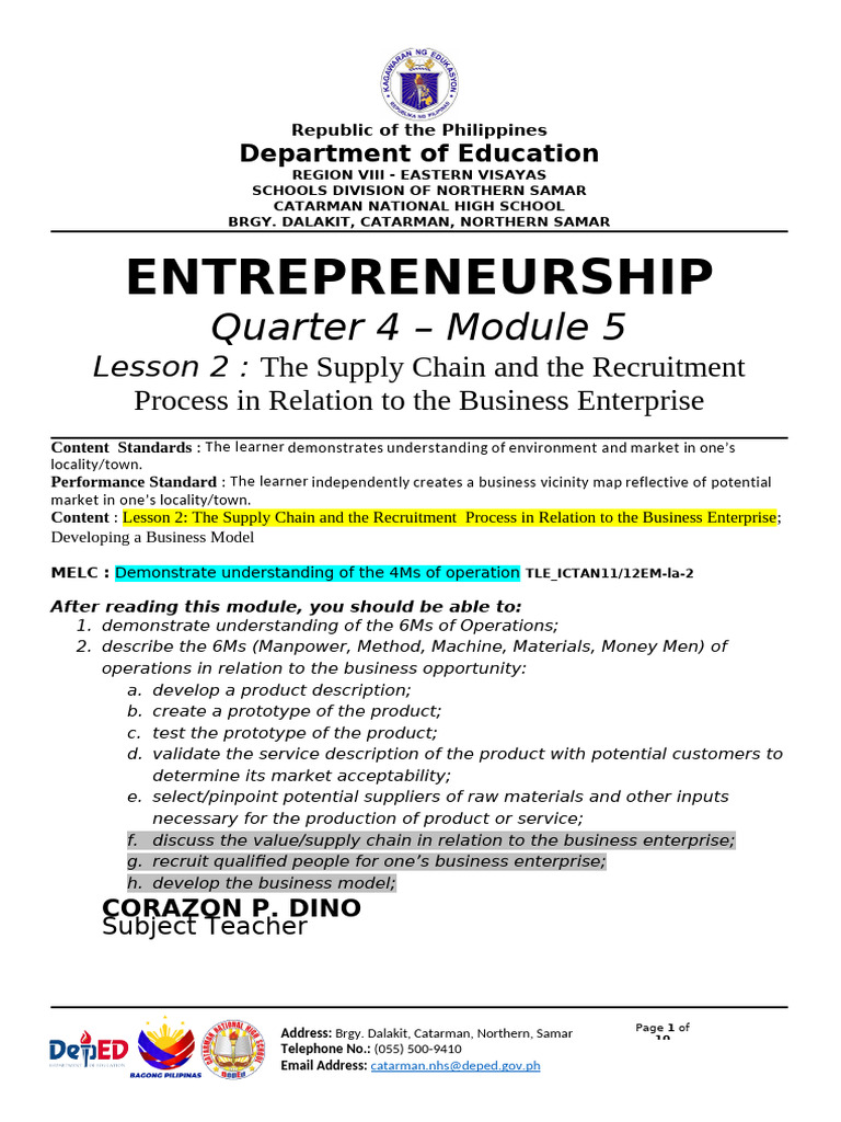 ENTREP Q4 M5 The 6Ms of Operations Business Model Lesson 2 For Student | PDF | Supply Chain ...