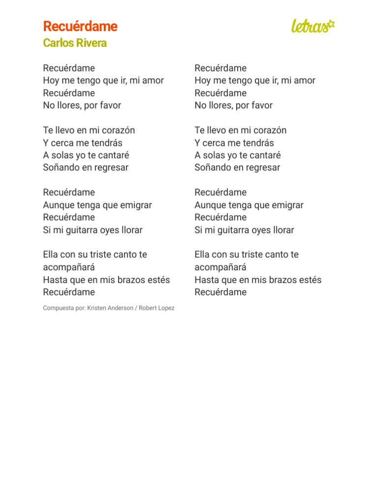 Letras de "Recuérdame" - Carlos Rivera | PDF