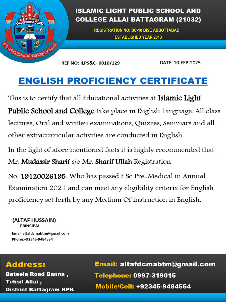 English Proficiency Certificate - ILPS&C Allai | PDF
