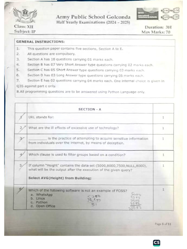 IP Half Yearly Iit Level Paper | PDF