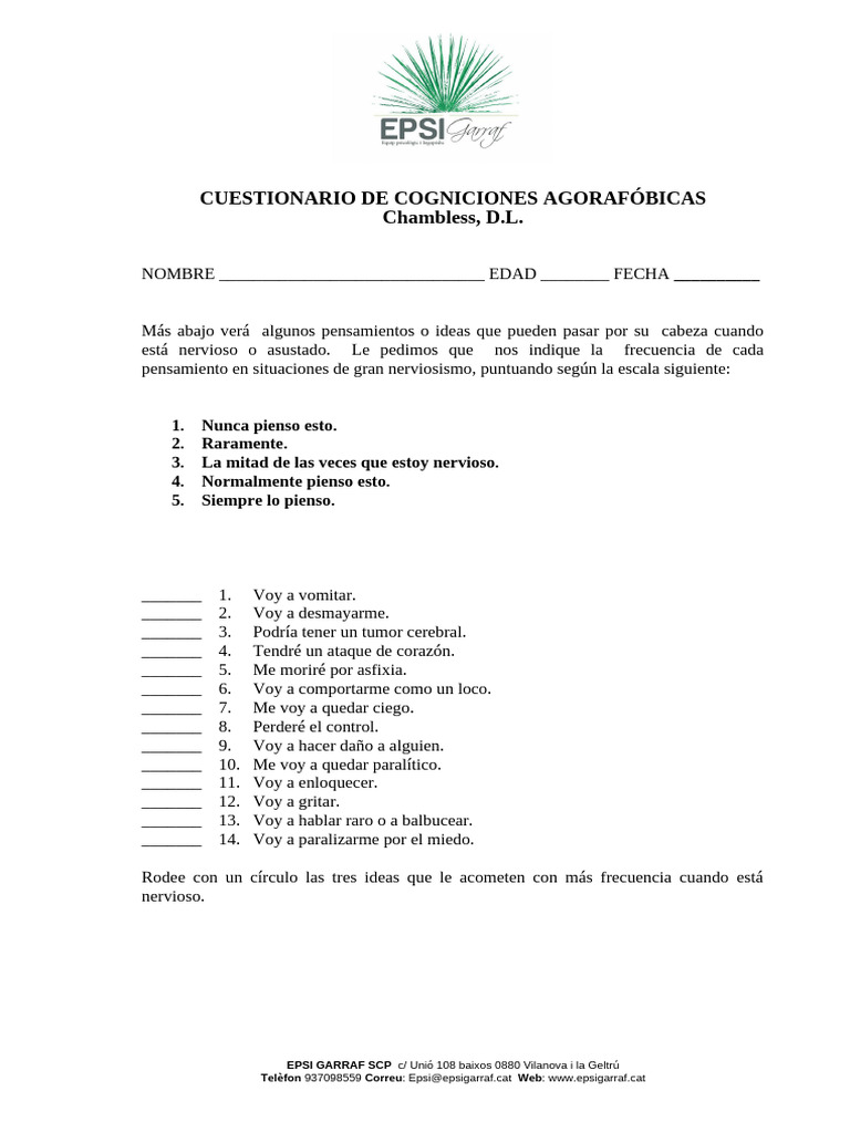 Cuest. de Cogniciones Agorafóbicas | PDF