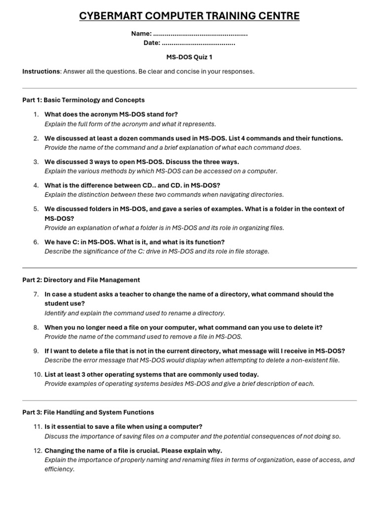 MS Dos Quiz 1 Cybermart Computer Training Centr1 | PDF | Computer File | Operating System