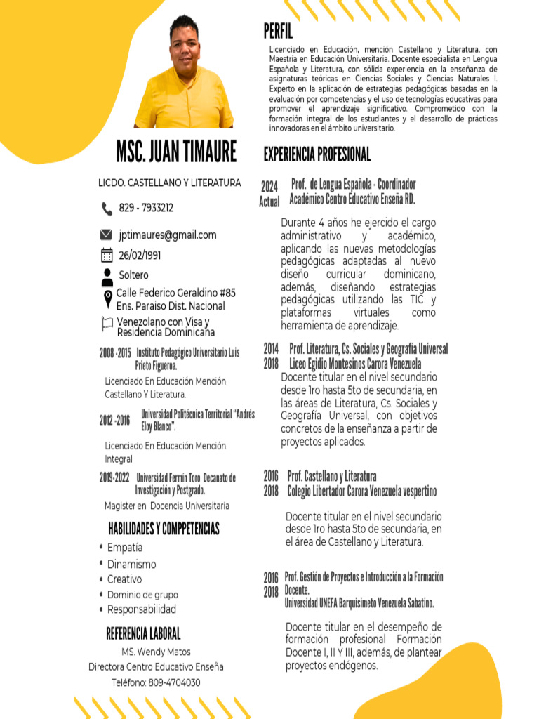 Currículum Vitae Juan Timaure | PDF | Maestros | Enseñando