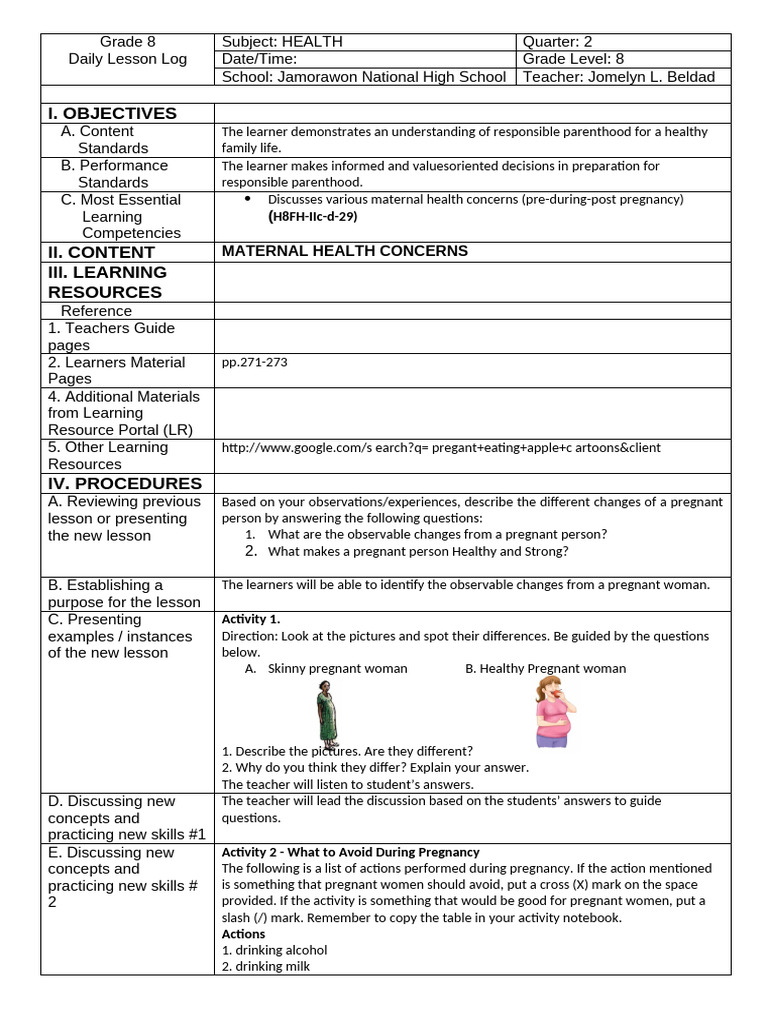 Grade 8 Maternal Health Lesson | PDF | Pregnancy | Learning