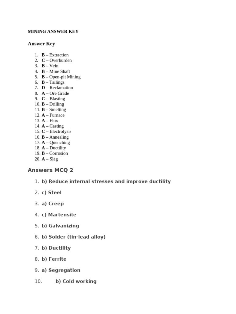 MINING ANSWER KEY | PDF | Metallurgy | Alloy