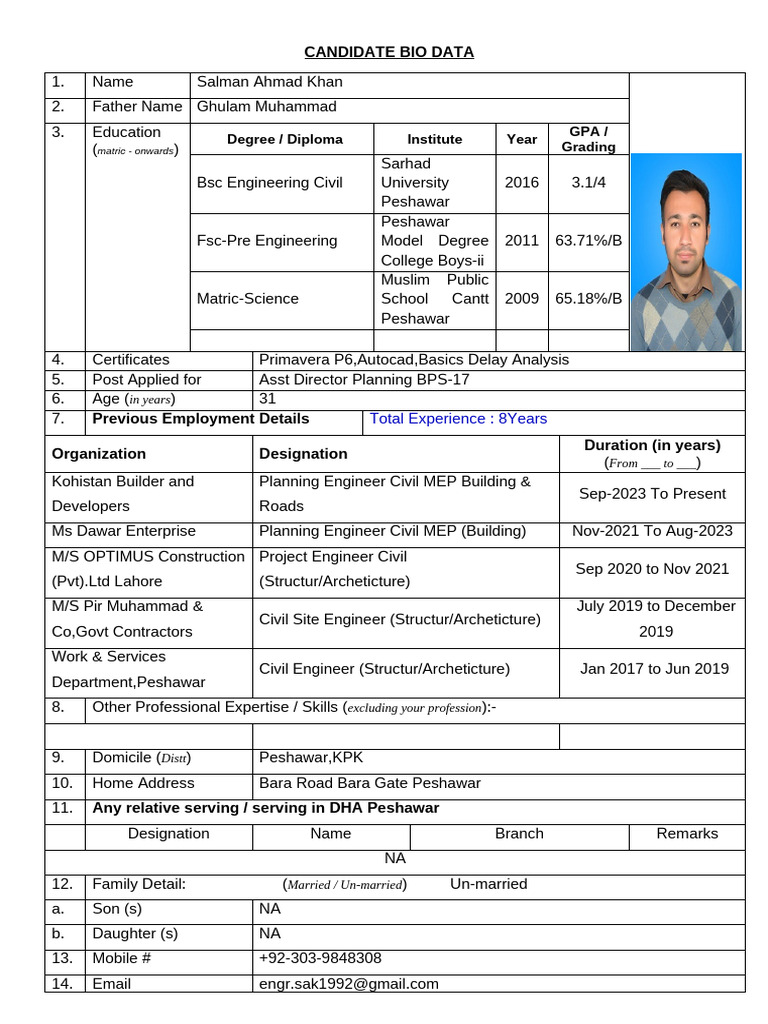Salman Ahmad Khan - Civil Engineer Bio Data | PDF | Business