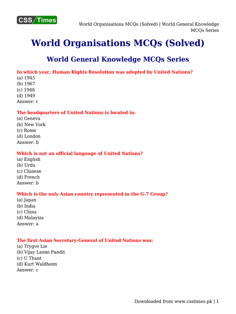 World Organisations MCQs (Solved) _ World General Knowledge MCQs Series ...