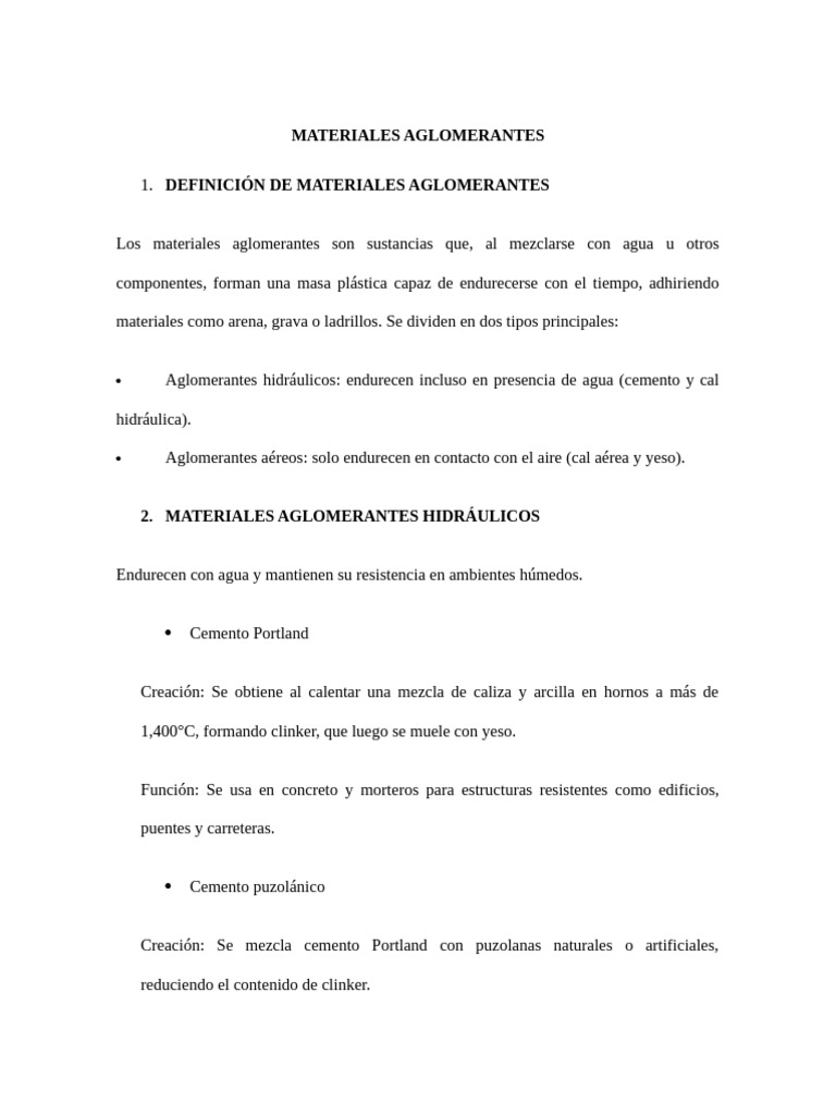 Tipos de Materiales Aglomerantes | PDF | Cemento | Lima (Material)